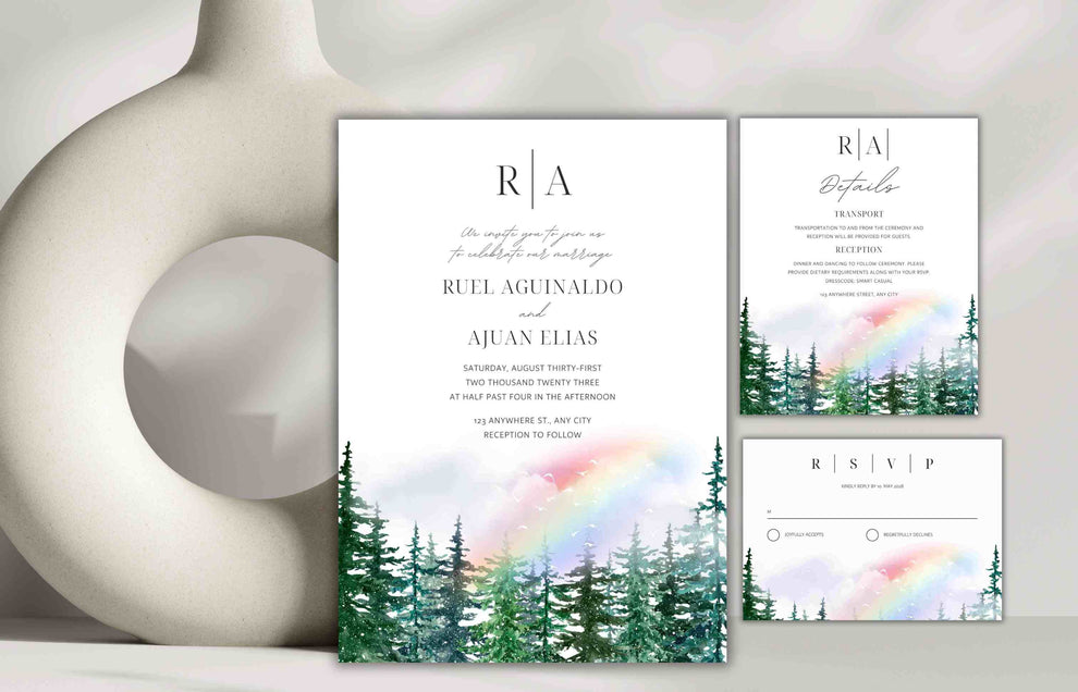 Pine Tree Wedding Invitation Template: Editable Greenery Eucalyptus ...